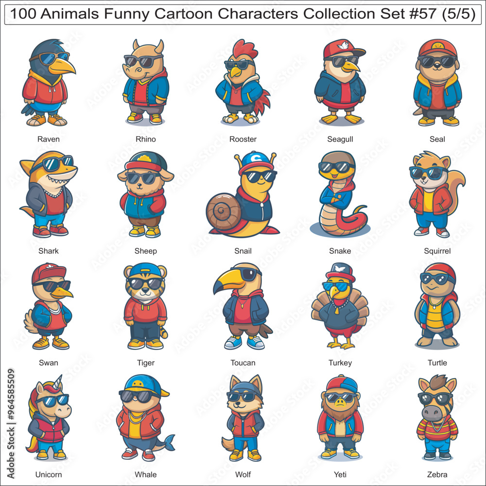 Animals Funny Cartoon Characters Collection Set of 100 Isolated Animals ...
