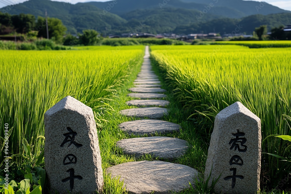 Japanese farm, paths lined with stone markers, guiding the way provide ...