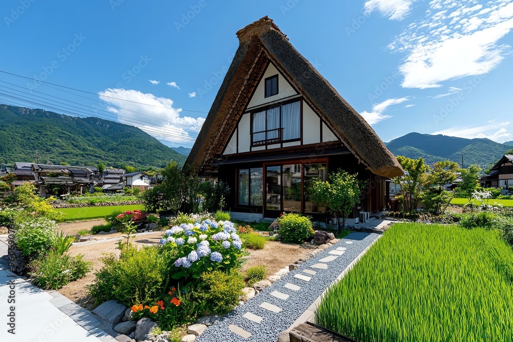 Japanese farm, thatched-roof farmhouse, rustic and charming stands as a ...