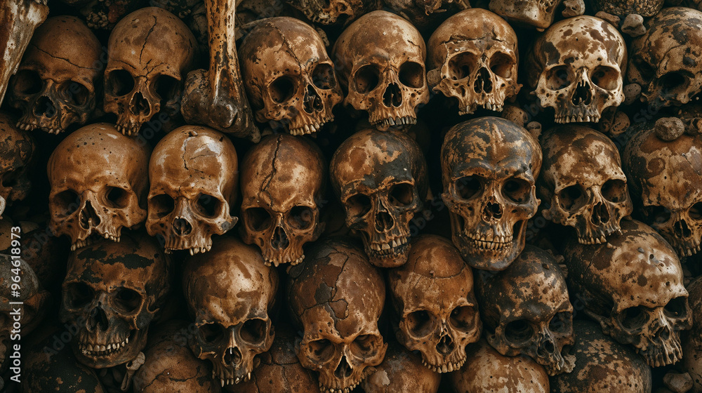 Macabre collection of human skulls stacked in rows. Ancient weathered ...