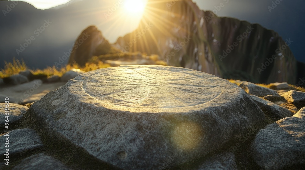 The sun shining through the Intihuatana stone at Machu Picchu, an ...