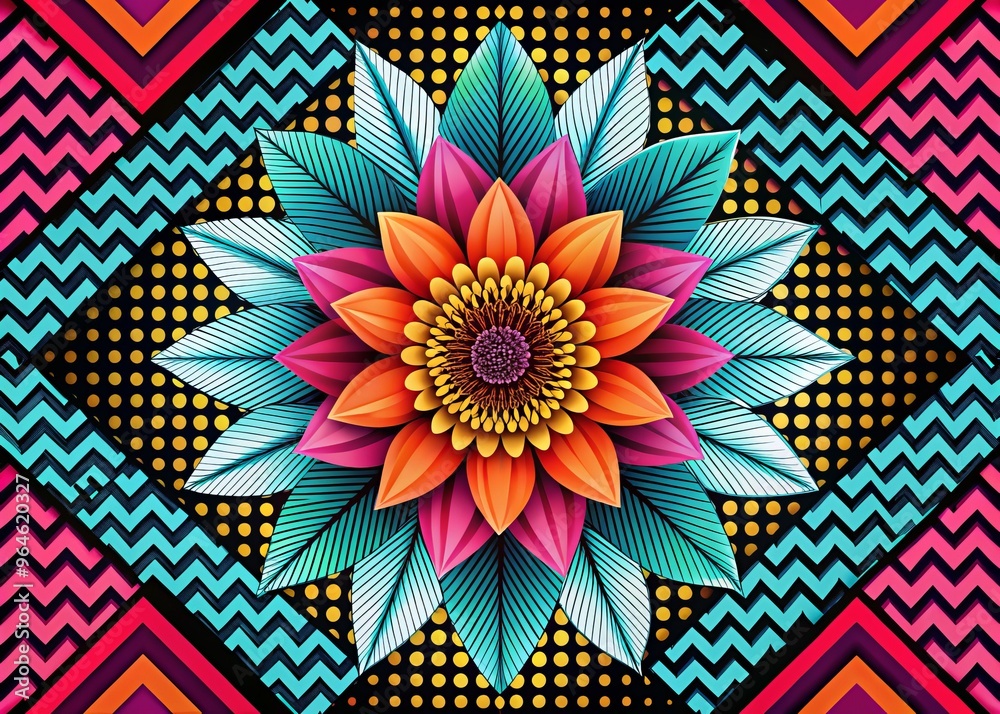 Bold graphic flower design with geometric patterns and bright ...