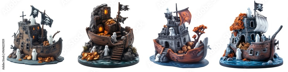 Collection of detailed pirate ship models featuring unique designs ...