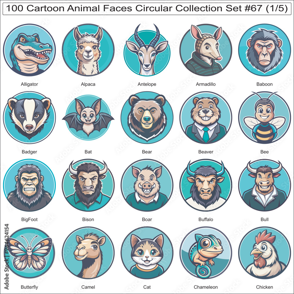 Cartoon Animal Faces Circular Collection Set of 100 Isolated Animals ...