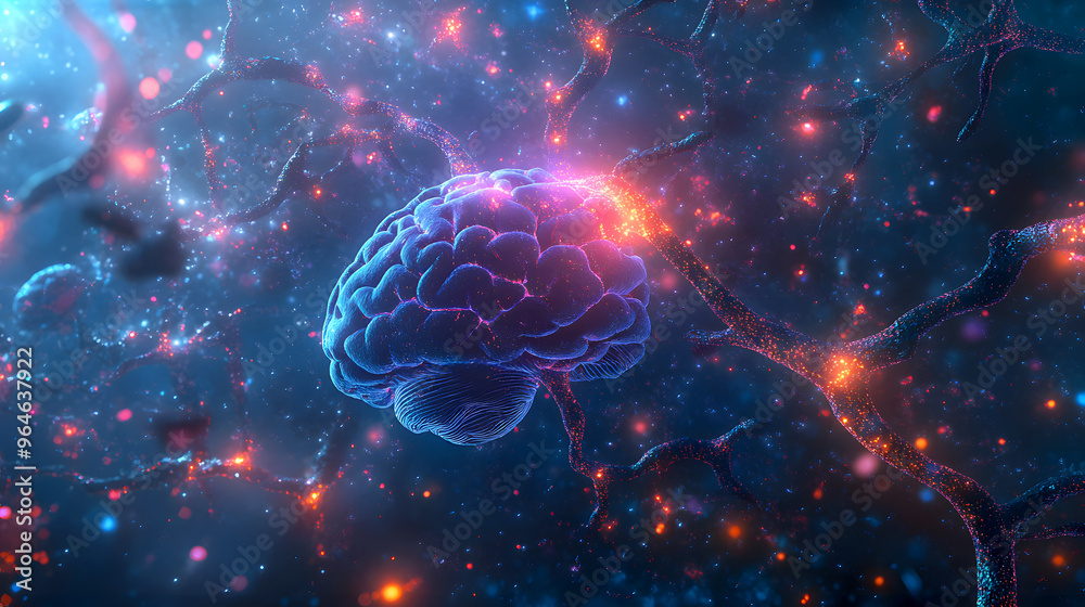 3D medical illustration of the brain’s neural networks, showing ...