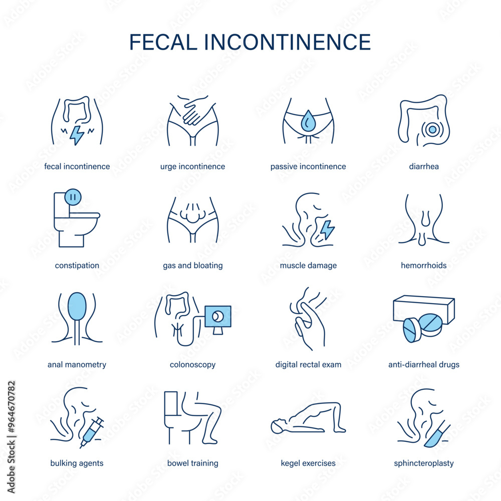 Fecal Incontinence symptoms, diagnostic and treatment vector icons ...