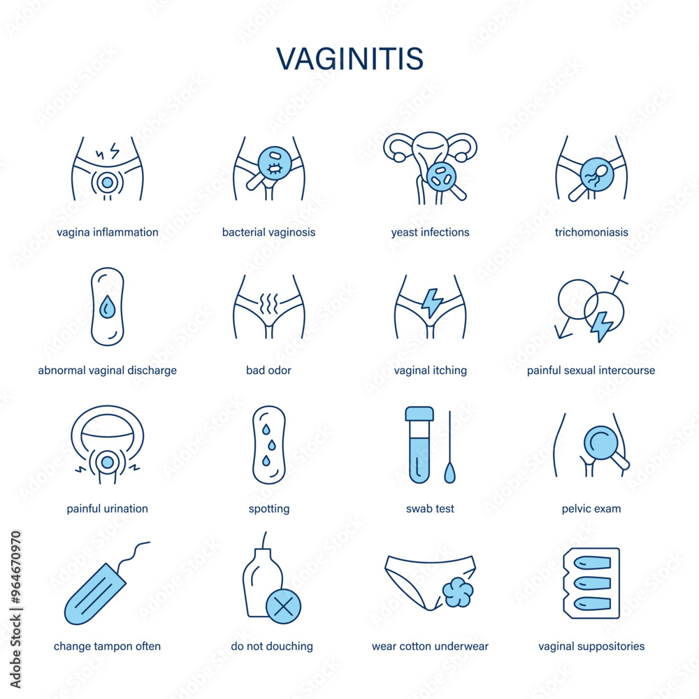 Vaginitis symptoms, diagnostic and treatment vector icons. Medical ...