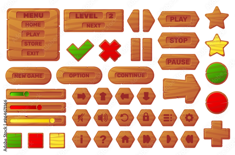 Cartoon wooden UI buttons and panels. Menu components and settings ...