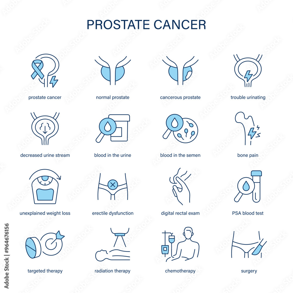 Prostate Cancer symptoms, diagnostic and treatment vector icons ...