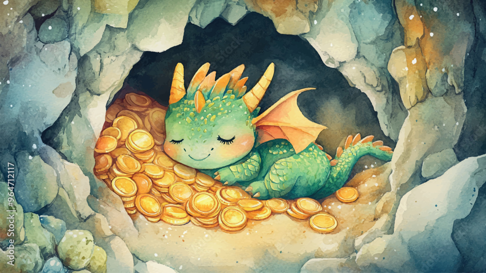 Little Dragon Sleeping On Slide Of Gold Coins In Cozy Cave Watercolor ...