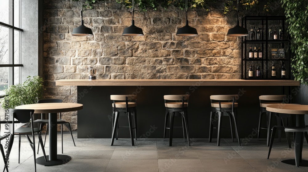 Seating area in a contemporary cafe with bar tables and seats in an ...