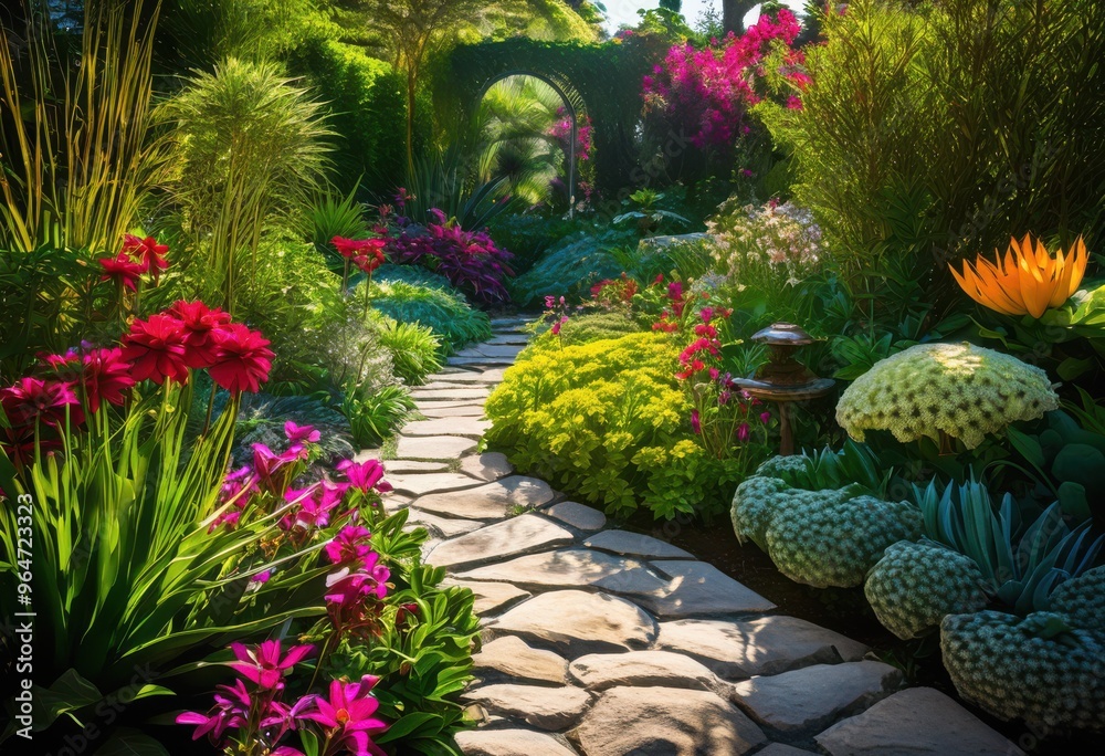 vibrant garden layout featuring diverse plant arrangements vivid colors ...