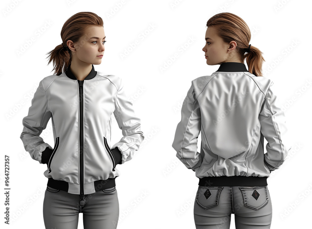 white jacket mockup template set, with female model, front, back view ...