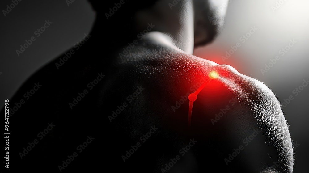 Black and white side view of a shoulder with a red dot highlighting the ...