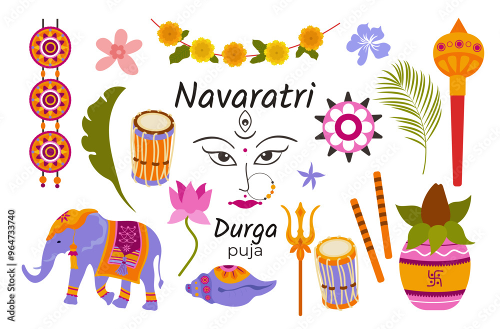 Happy Navratri set icons. Colorful flat-style elements for an Indian ...