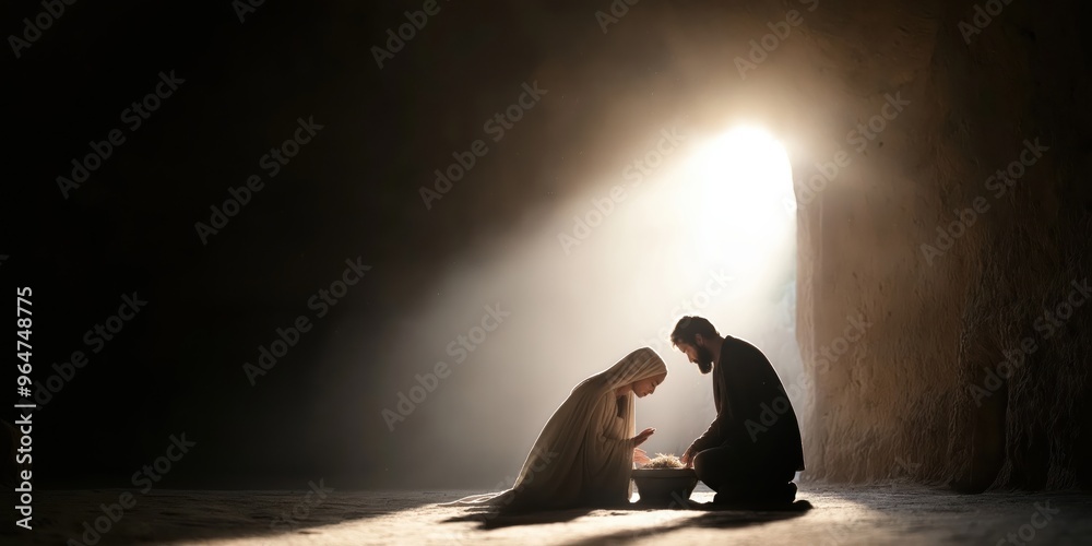 Mary and Joseph are by the manger in the stable caring for the infant ...