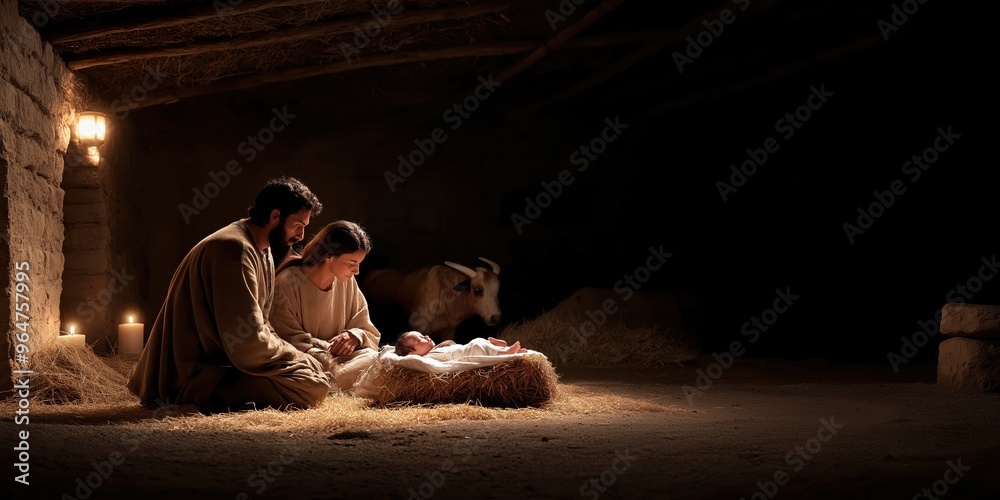 Mary is seated beside the manger with Joseph standing beside her. Baby ...