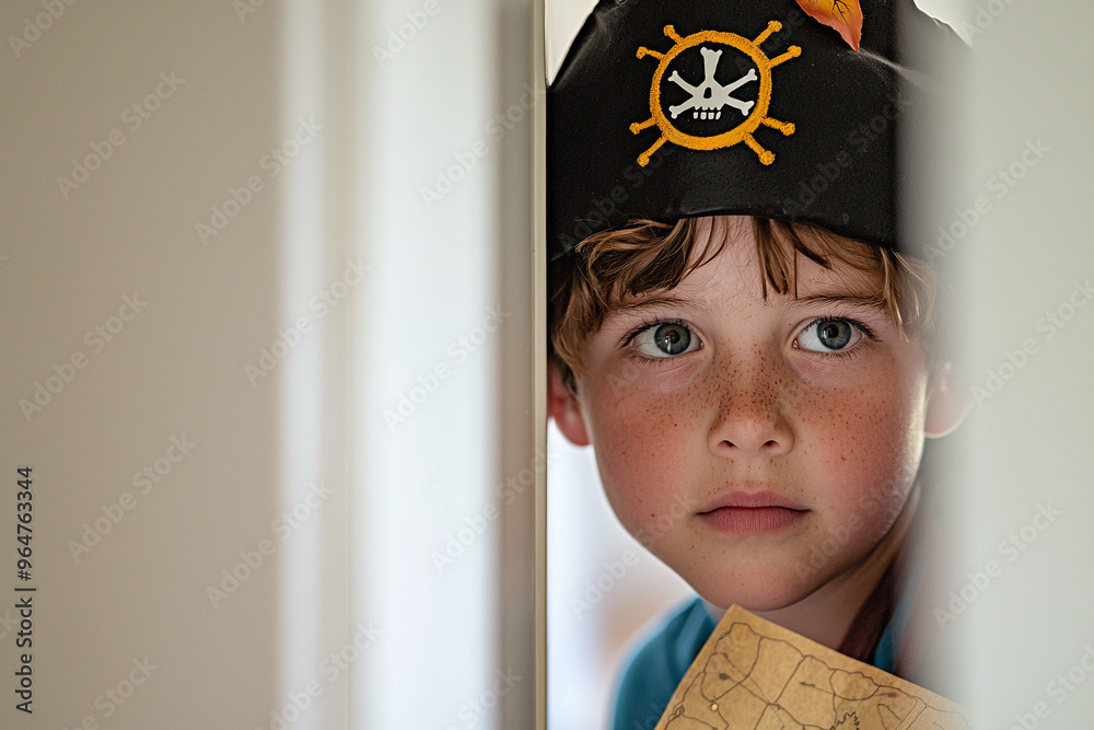 child in a pirate costume holding a homemade treasure map, peeking ...