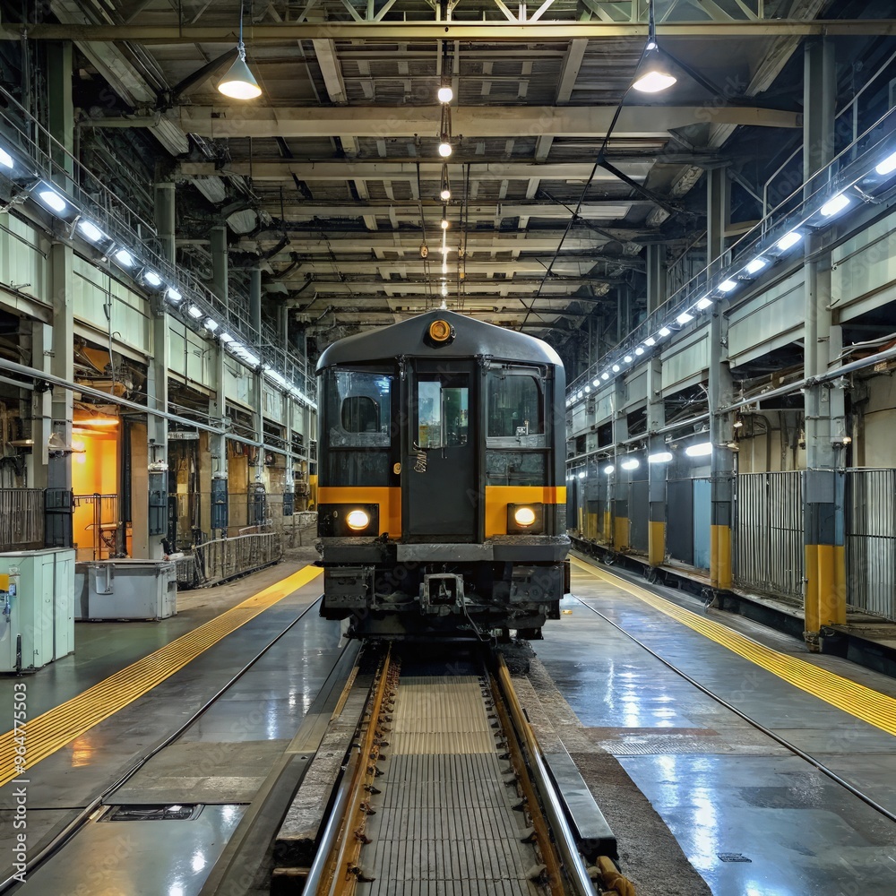 Train in maintenance facility with standard scale during daytime hours ...