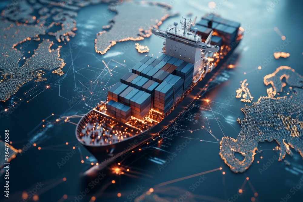 A large cargo container ship visualized with digital illumination ...