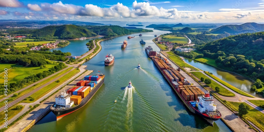 Aerial View of Cargo Ships Navigating the Panama Canal, Panama Canal ...