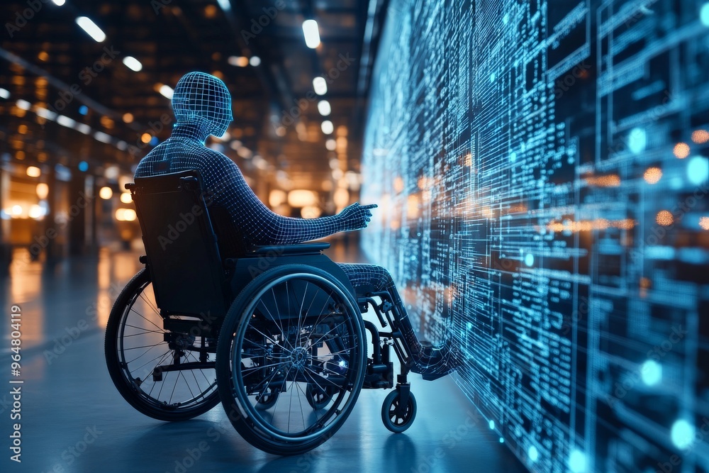 A person in a wheelchair interacting with a large digital interface in ...
