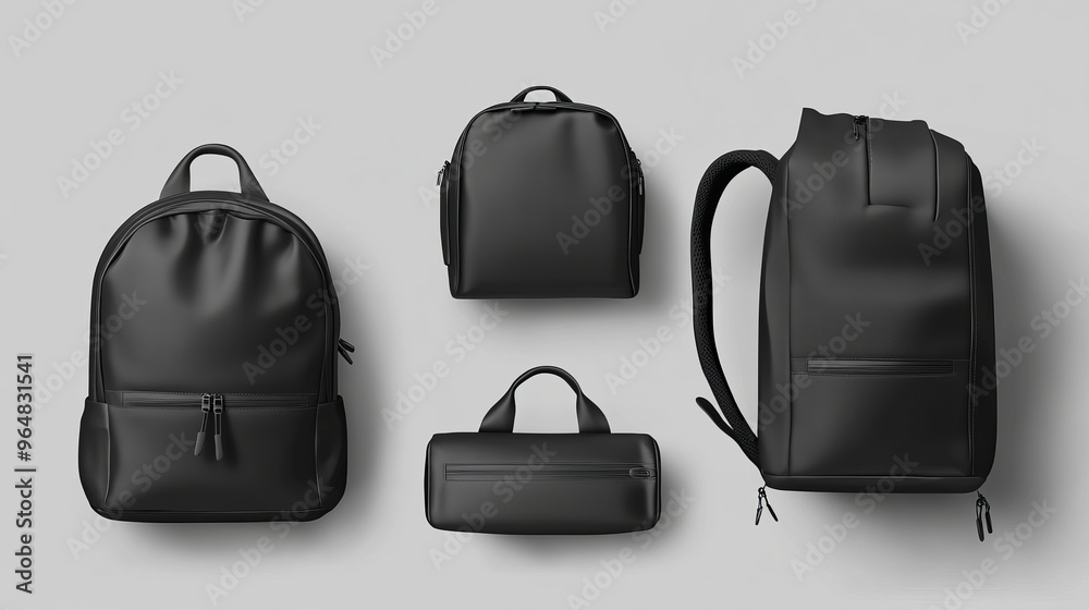 Realistic mockups of a black backpack, shown from various angles ...