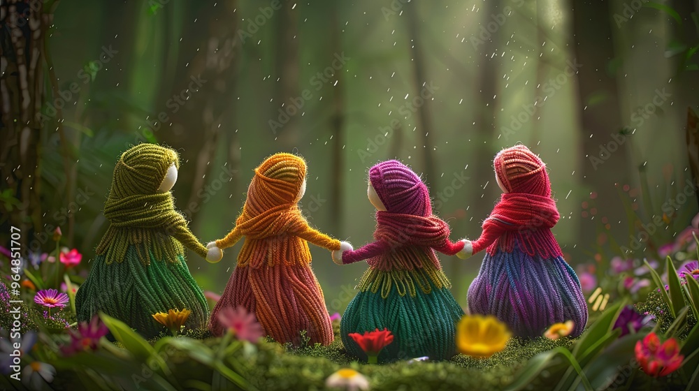 Composition of four colorful faceless dolls holding hands and standing ...