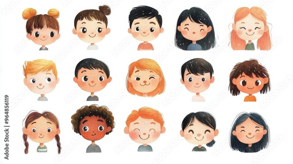 Cute cartoon human faces collection on white background. Cartoon faces ...