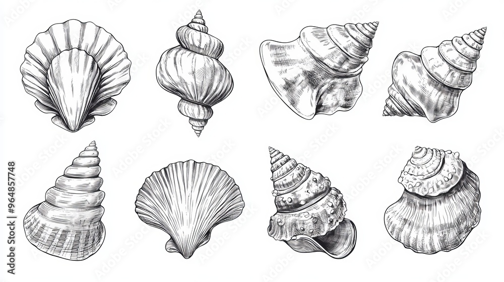 Seashell and cowry line art illustration in hand drawn pattern with ...