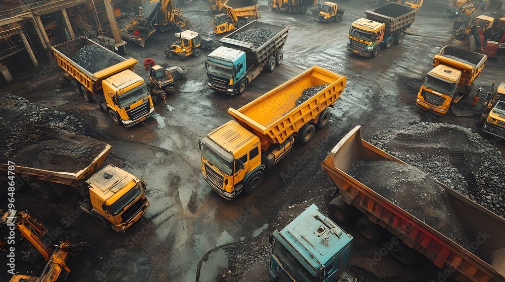 Multiple giant trucks lined up in a mining yard, ready to transport ...