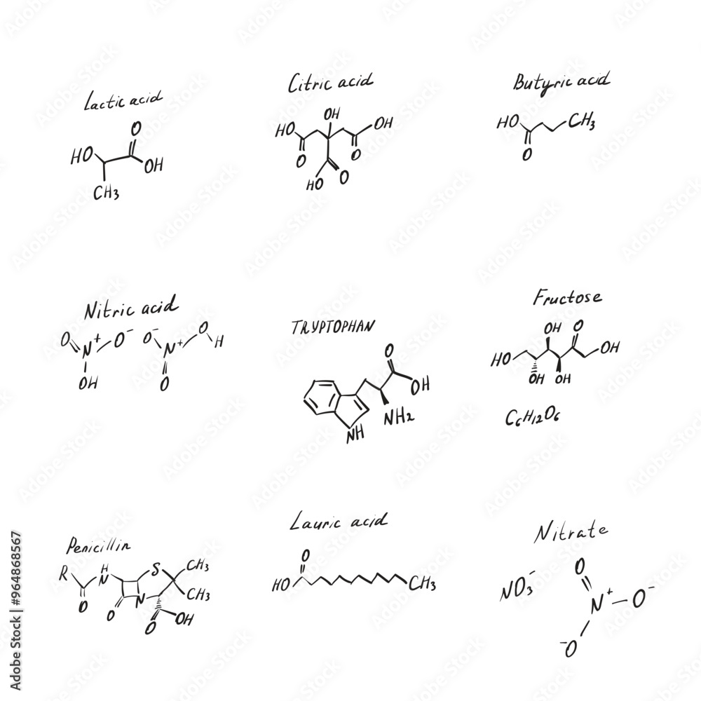 Hand drawn chemistry formula set. Sketched molecule formulas, different chemical skeletal ...