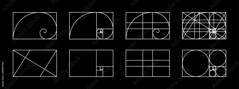 Set of golden ratio templates. Nautilus shell in rectangle frame ...