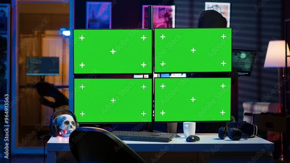 Hacker using isolated screen multi monitor PC setup, doing computer sabotage using ransomware ...