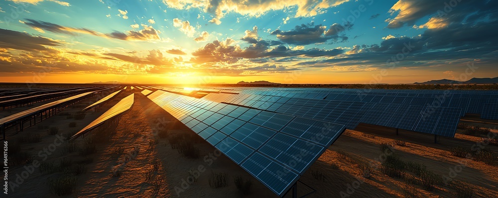 Solar power plant with large, reflective panels arranged in a grid, set ...