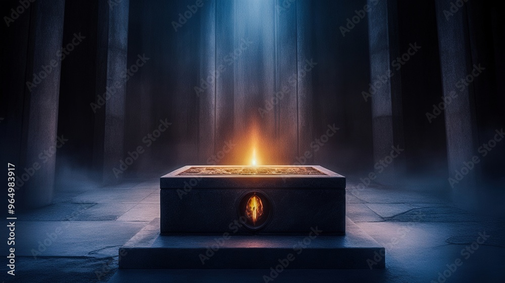 Mysterious stone altar with central flame illuminated in dark, foggy ...
