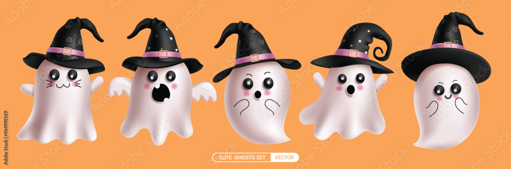 Ghost characters vector set design. Halloween cute ghost character with ...