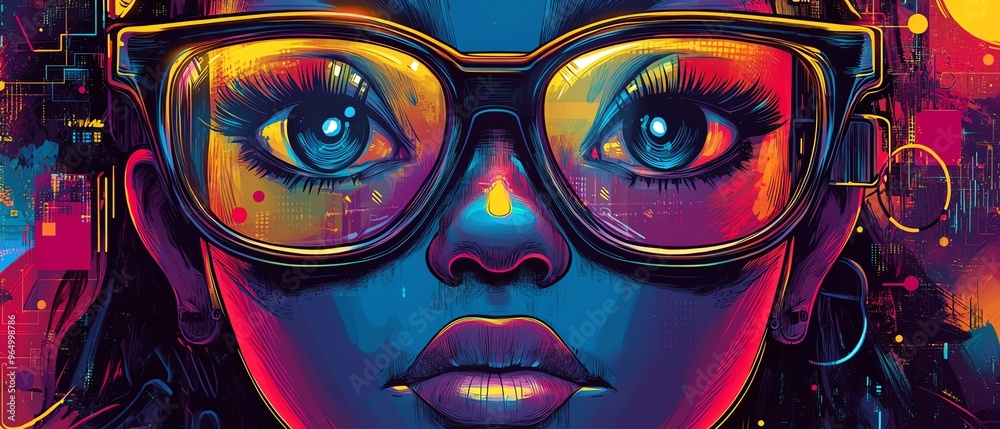 Stylized nerd face with large glasses, a quirky smile, and digital ...