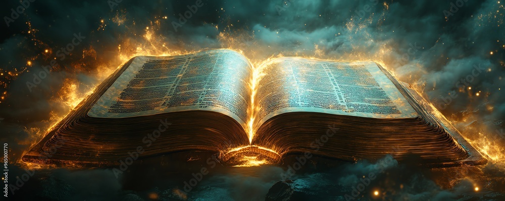 Glowing open scroll with the Bible, Book of Revelation, eschatological ...