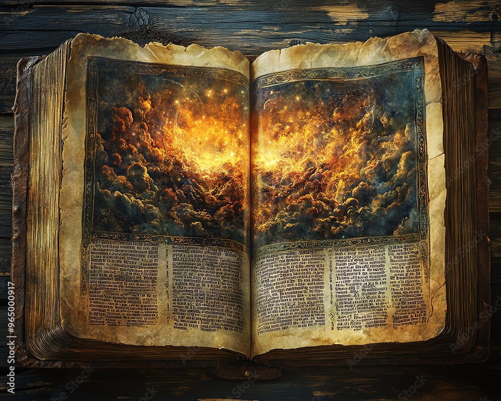 Illuminated scroll parchment with the Bible open to the Book of ...