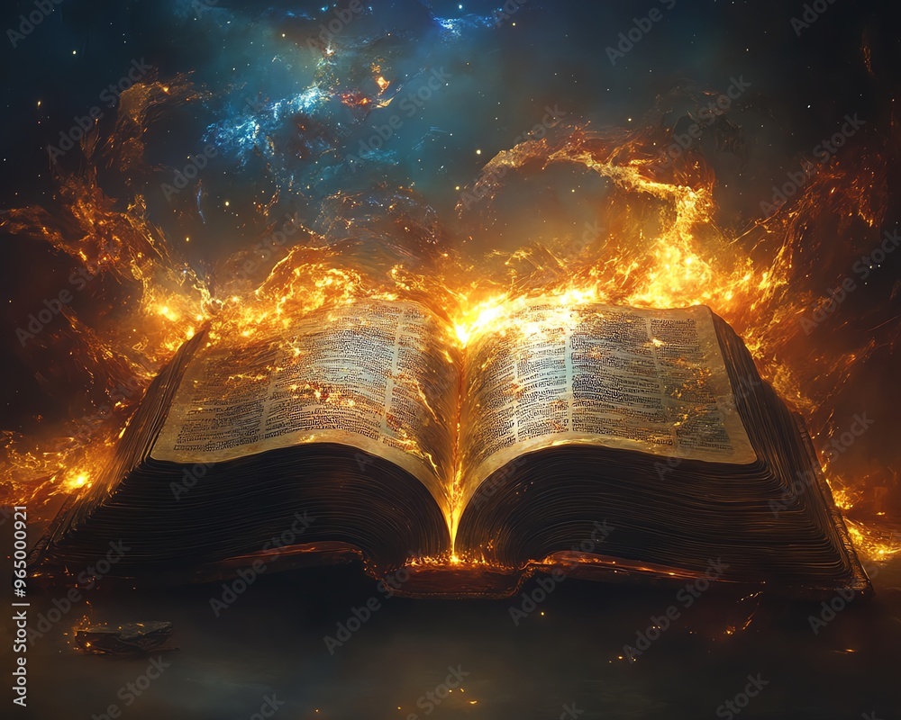 Illuminated scroll parchment with the Bible open to the Book of ...