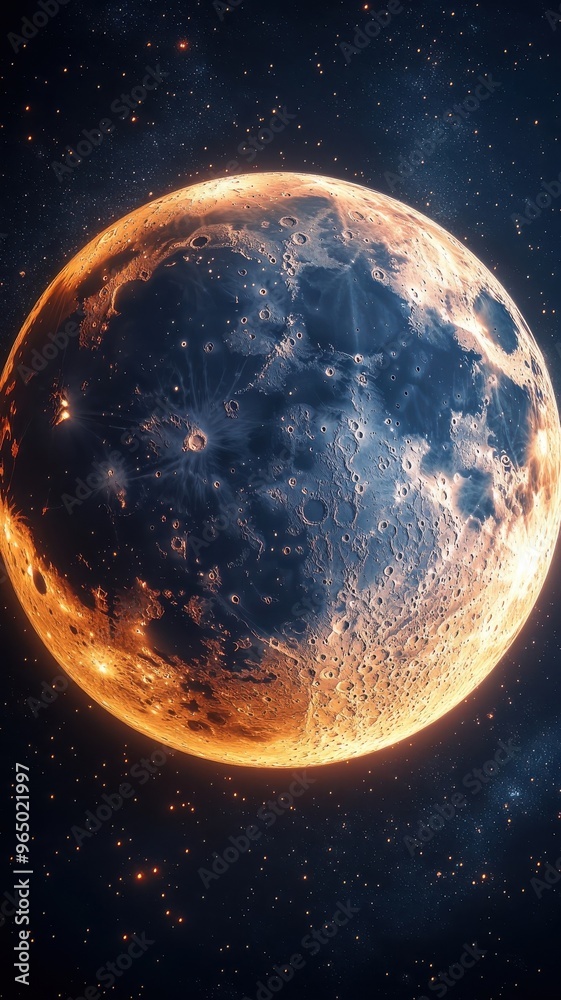 Moon in stylized 3D style with bold shapes, vivid colors, and a dynamic ...
