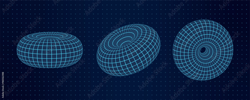 This image features three 3D wireframe mesh toruses positioned against ...
