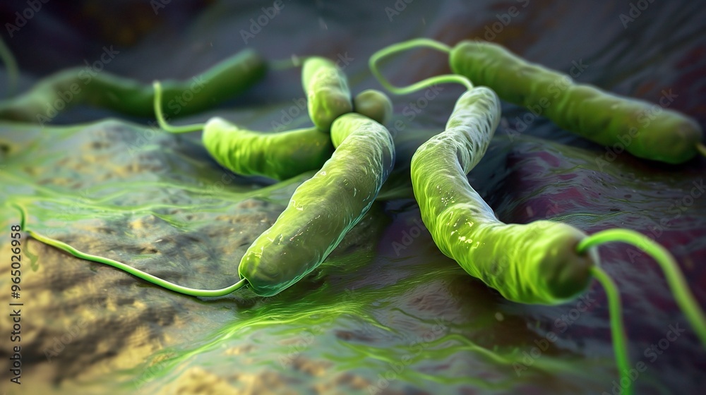 A close - up view of Helicobacter pylori. The bacteria are shown in ...