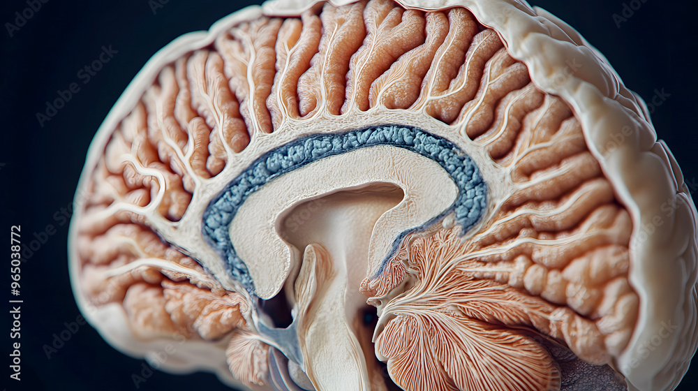 close-up cross-sectional view of the brain’s white and gray matter ...