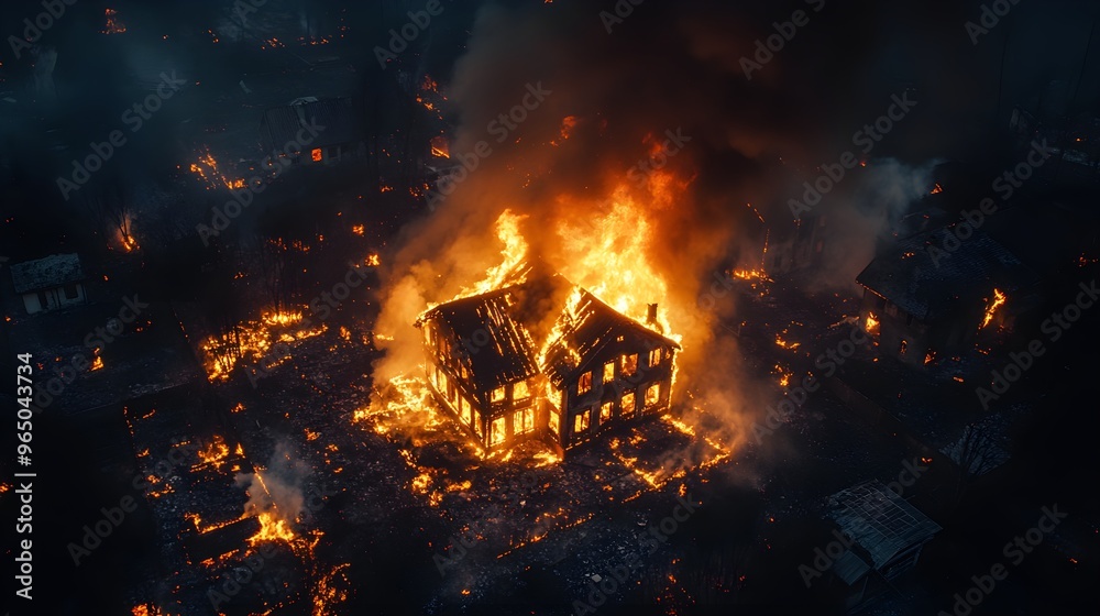 Aerial night view of a burning house, fire consuming the structure ...