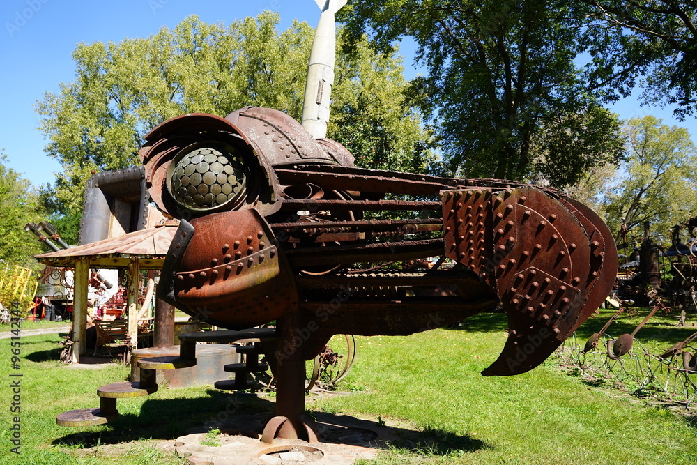 Dr. Evermor's scrap metal Sculpture Park garden. Stock Photo | Adobe Stock