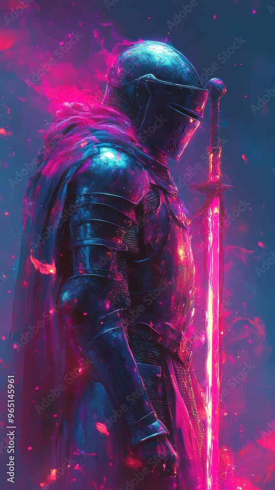 Knight depicted in synthwave style, featuring neon colors and retro ...