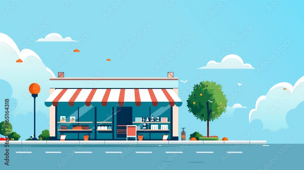 Charming Small Storefront Illustration with Street and Blue Sky ...