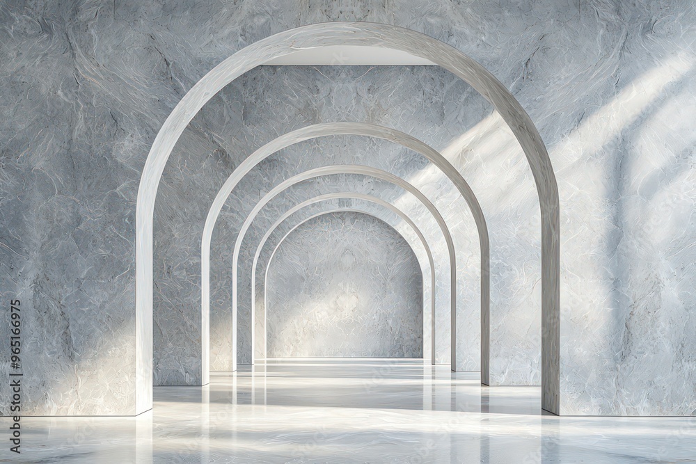 Pearl gray marble arches in a minimalist hall, designed for luxurious ...